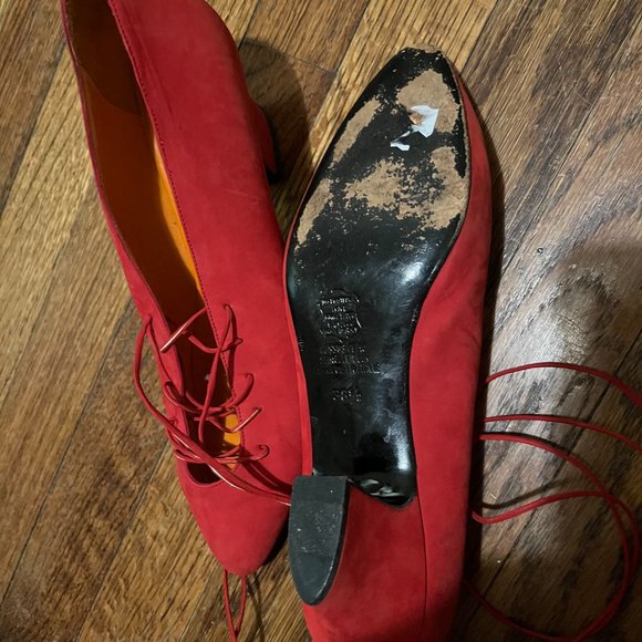 Phillip Model | Shoes | Red Suede Balletcore Basque Lace Up Ankle Heels ...